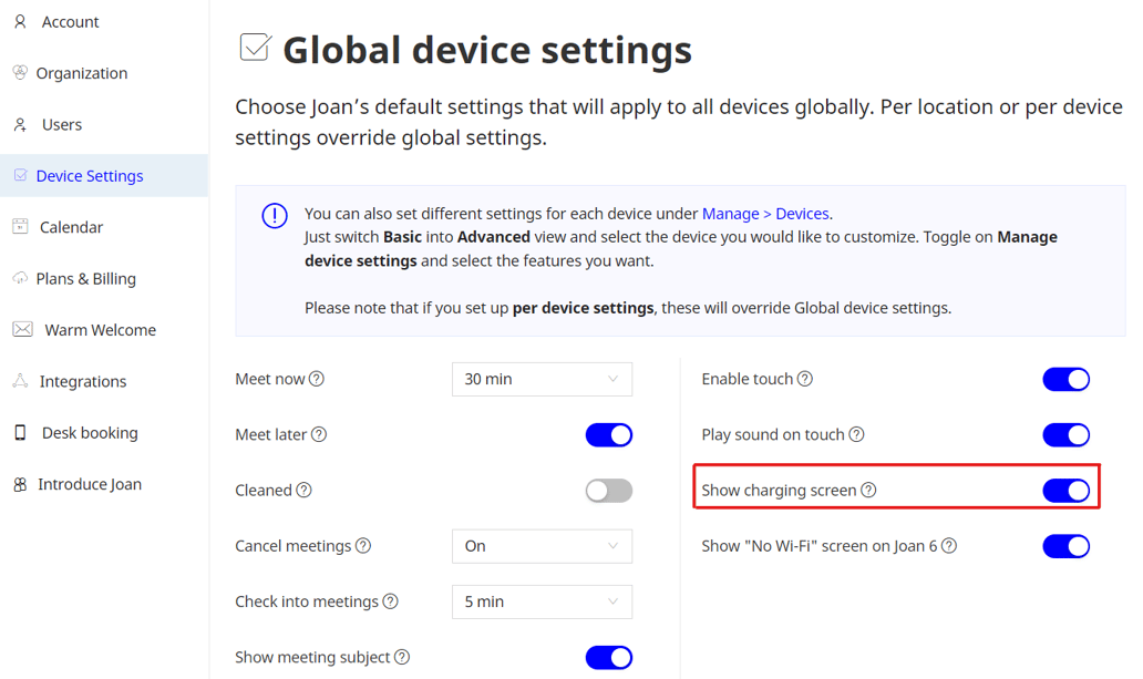 How to enable or disable the battery charging screen on your Joan device