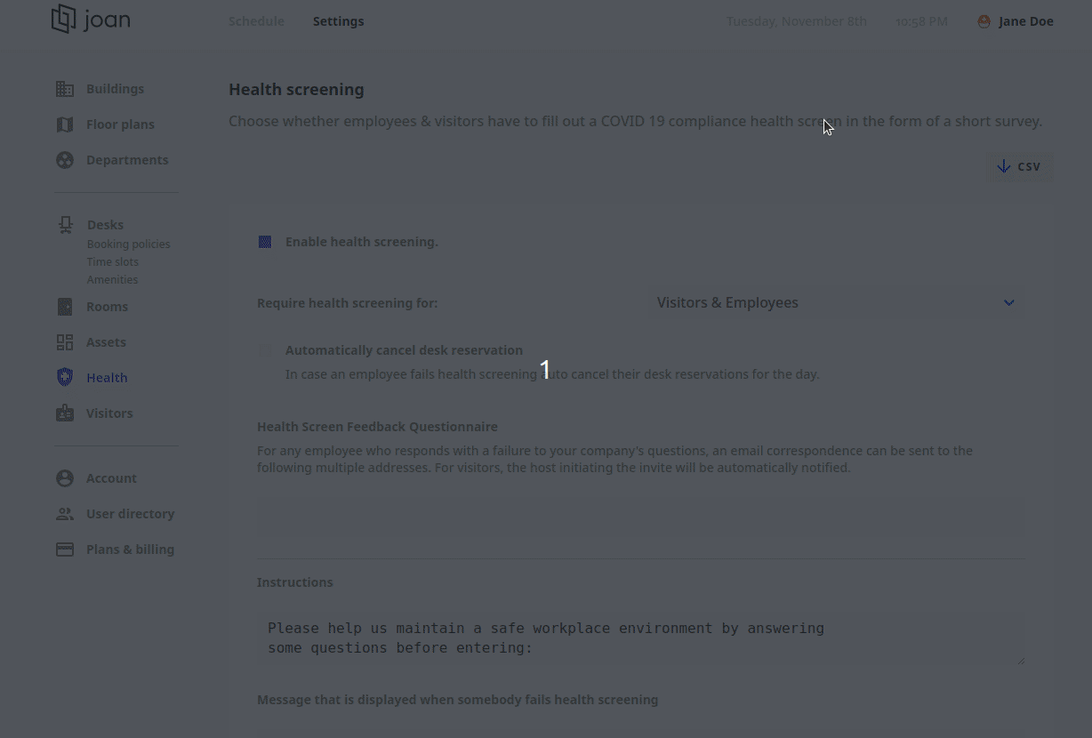 Customizing the health screening questionnaire